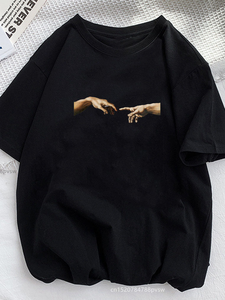 Damska Koszulka "Creation of Adam" z Motywem Dłoni – Modny-swiat